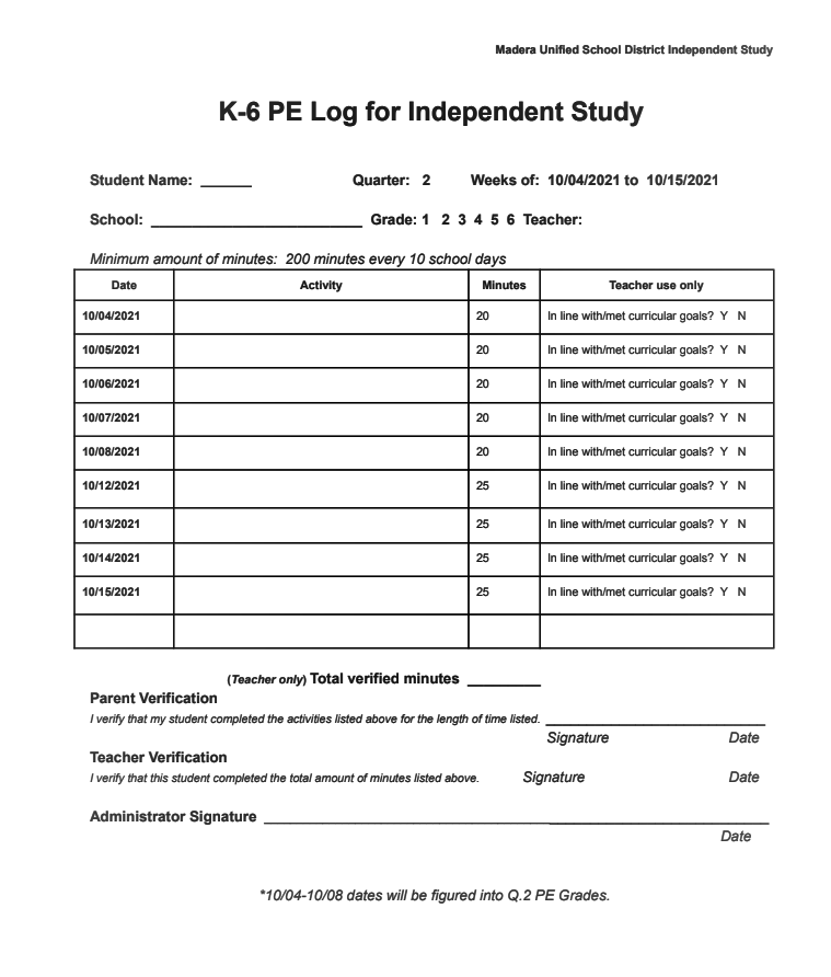Furman Elementary Information / PE Log : Example